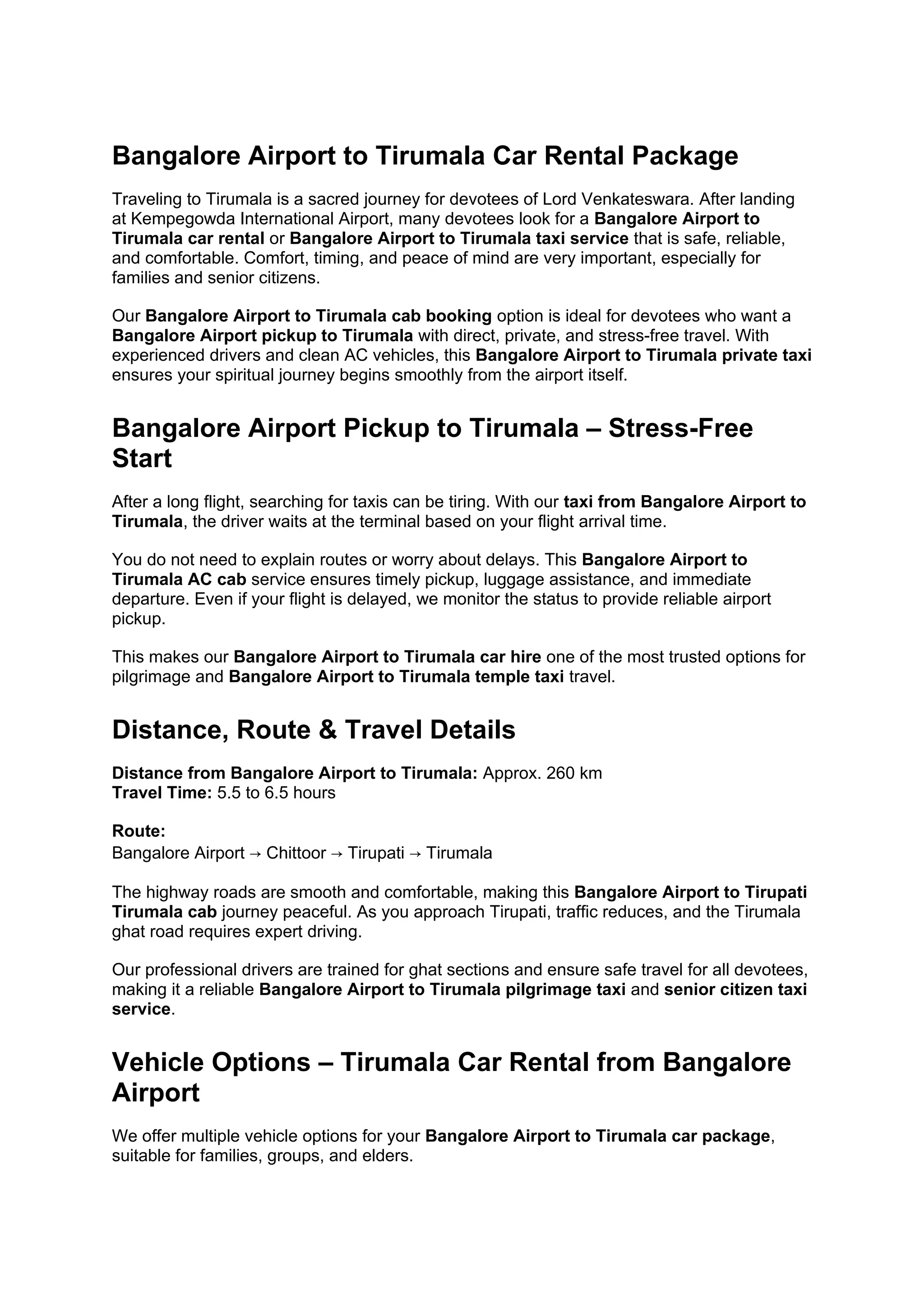 Bangalore Airport to Tirumala Car Rental Package.docx