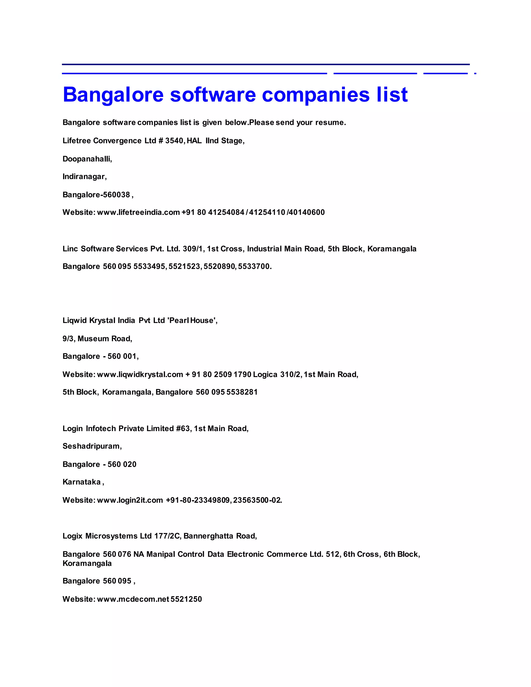 Bangalore software companies list | DOCX