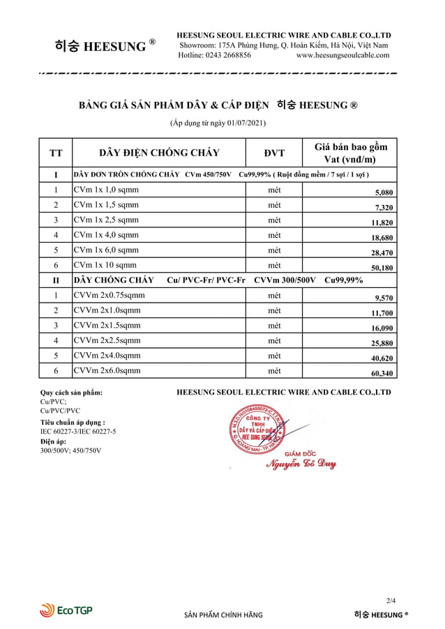Bang bao gia day dien heesung chong chay 01072021 | PDF