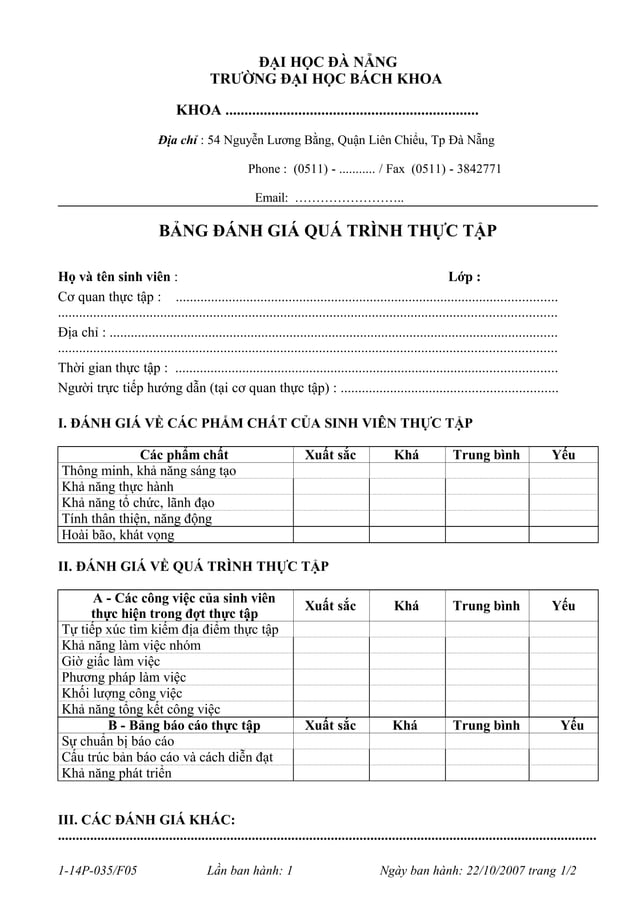 Bang danh gia qua trinh thuc tap tn (1) | PDF