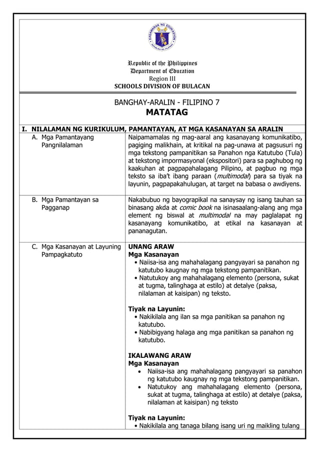 Banghay-aralin-sa-Filipino-7_MATATAG-Curriculum | PDF