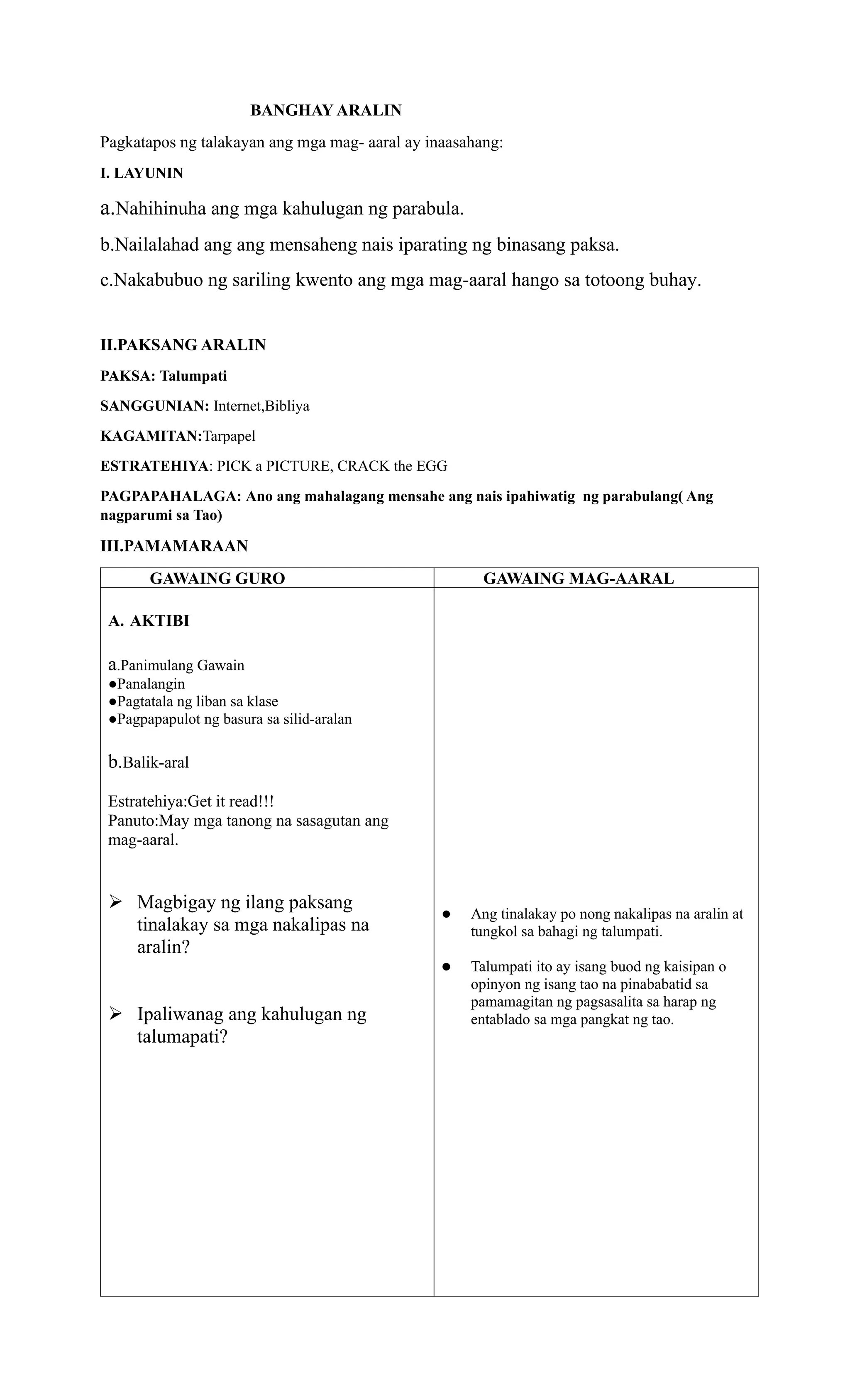 BANGHAY ARALIN.docx lesson plan ni mela | DOCX