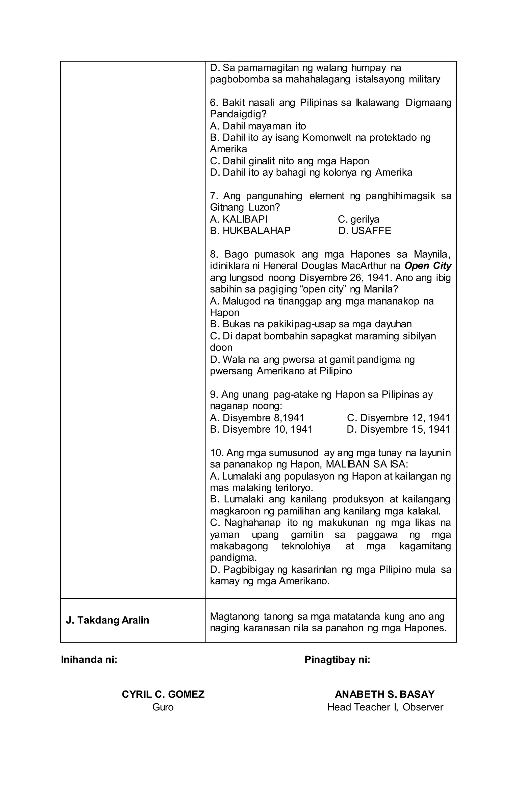Banghay aralin sa arpan 6 pananakop ng mga hapones | DOCX