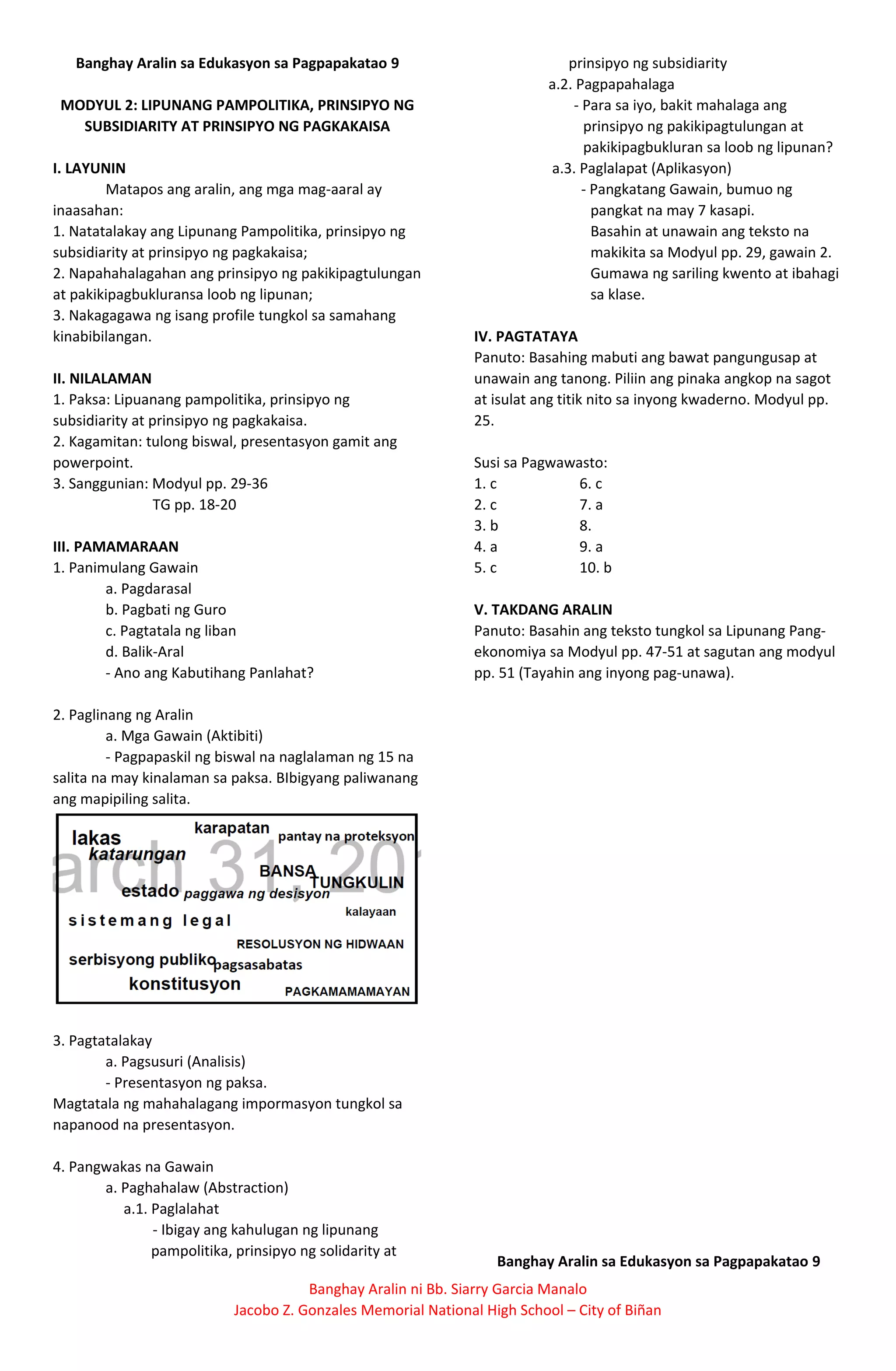 Banghay aralin sa edukasyon sa pagpapakatao 9 | DOC