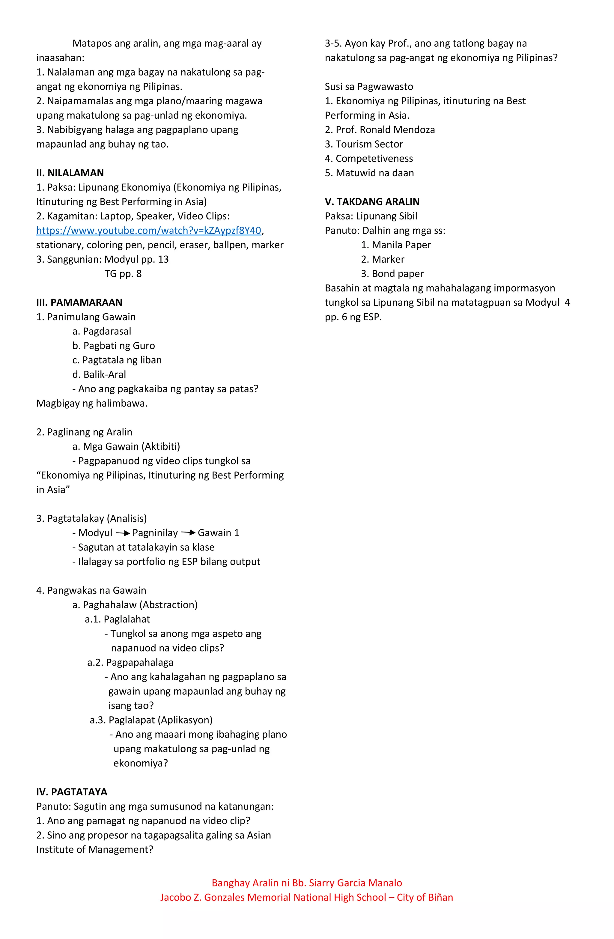 Banghay aralin sa edukasyon sa pagpapakatao 9 | DOC