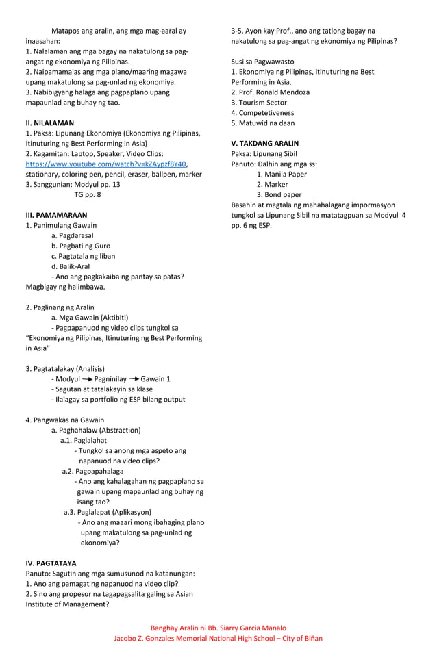 Banghay aralin sa edukasyon sa pagpapakatao 9