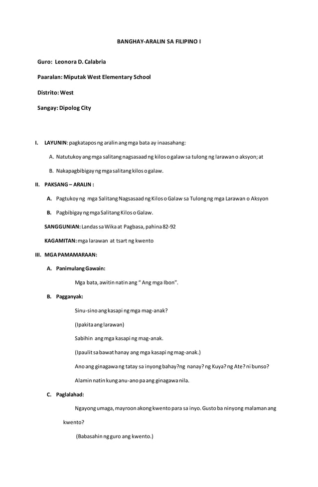 Banghay aralin sa filipino 1 salitang kilos | DOCX