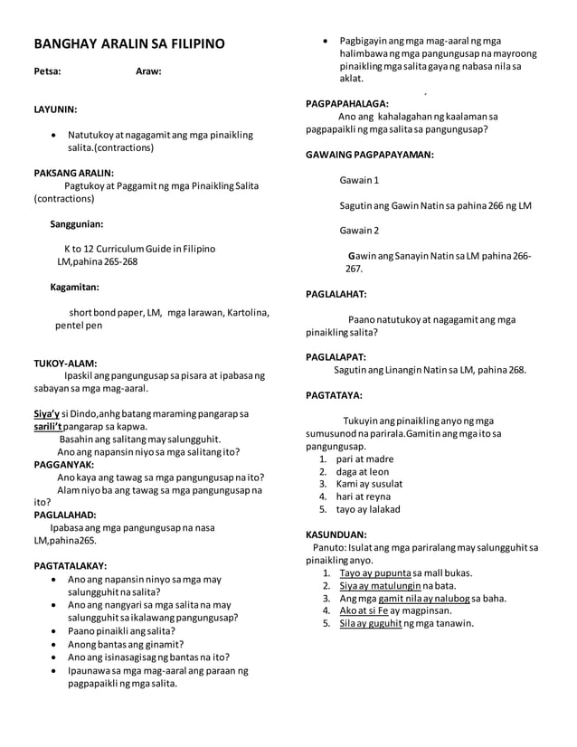 Banghay aralin sa filipino( 9 lessons)ikatlong markahan | DOCX