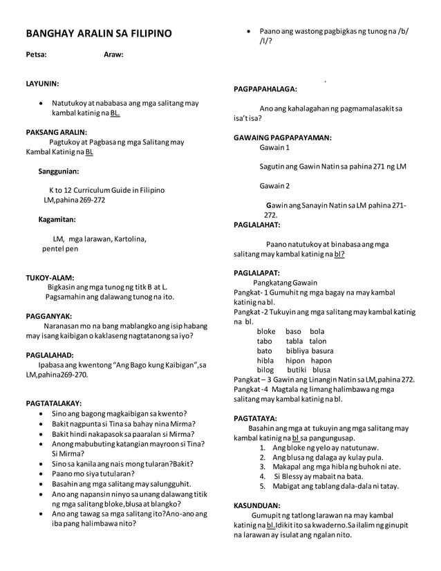 Banghay aralin sa filipino( 9 lessons)ikatlong markahan | DOCX