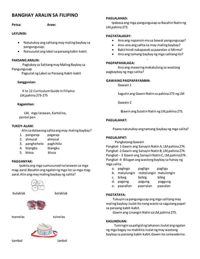 Banghay aralin sa filipino( 9 lessons)ikatlong markahan | DOCX