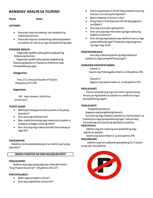 Banghay aralin sa filipino( 9 lessons)ikatlong markahan | DOCX