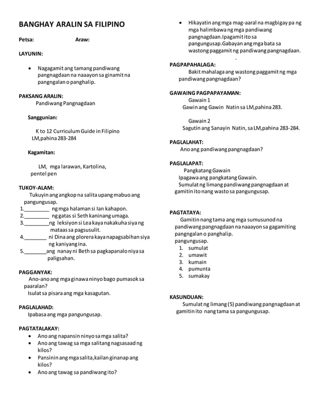 Banghay aralin sa filipino( 9 lessons)ikatlong markahan | DOCX