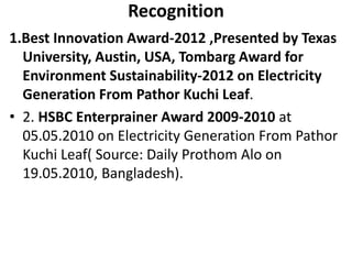 Dhaka | Aug-15 | Electricity Generation from Pathor Kuchi Leaf (PKL ...
