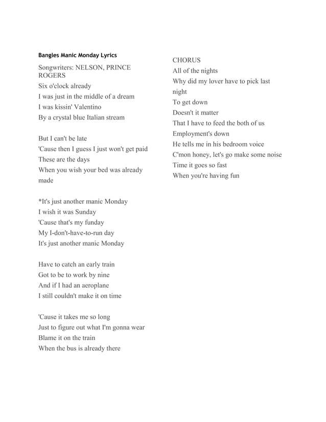 Bangles manic monday lyrics | PDF