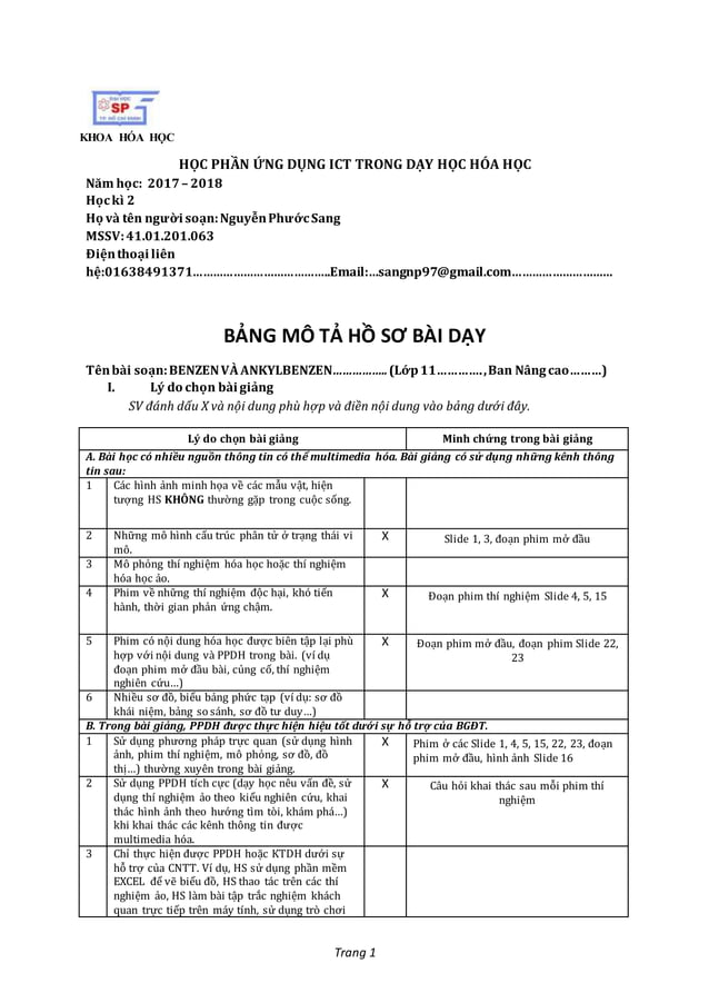 Bảng mô tả kế hoạch dạy học ICT - Benzen | DOCX