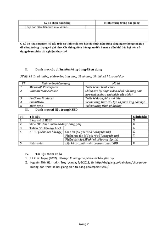 Bảng mô tả kế hoạch dạy học ICT - Benzen | DOCX