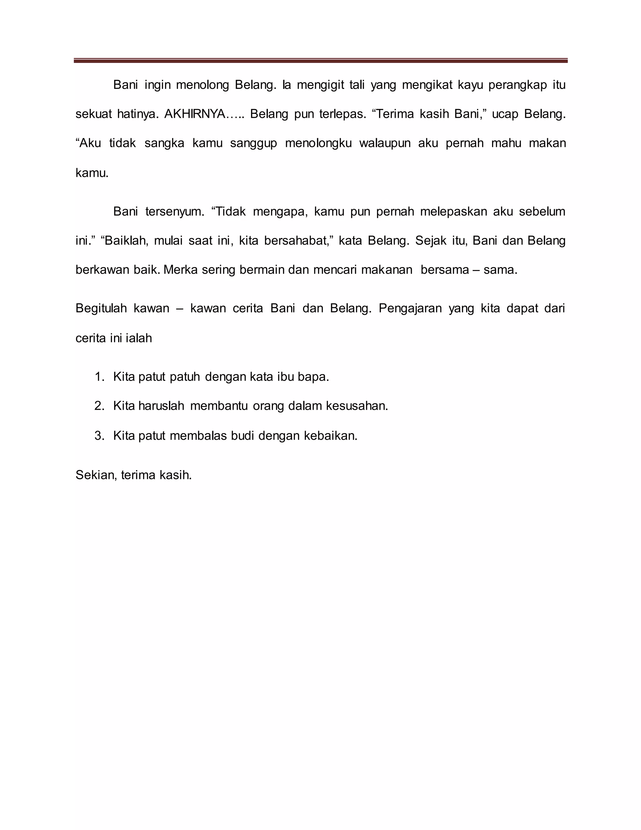 Teks Bercerita BM Tahap 1 (Bani dan Belang) | DOCX