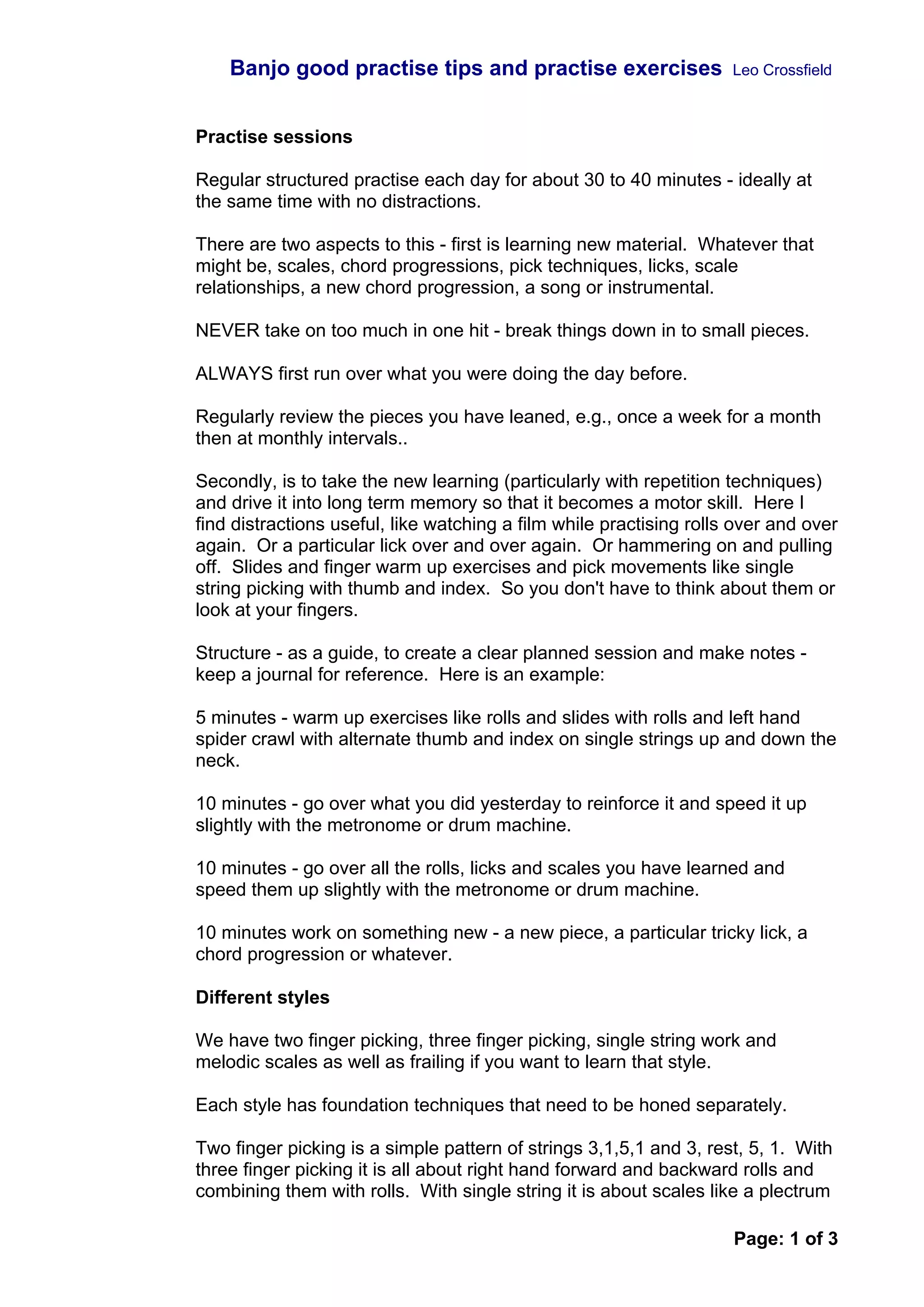 Banjo good practise tips and practise exercises | PDF | Music ...