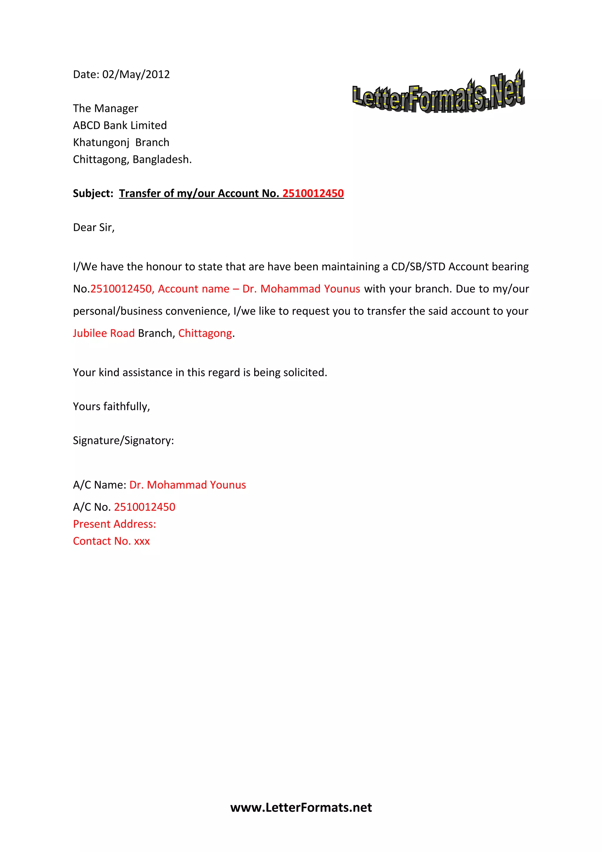 Bank account-transfer-letter | DOC