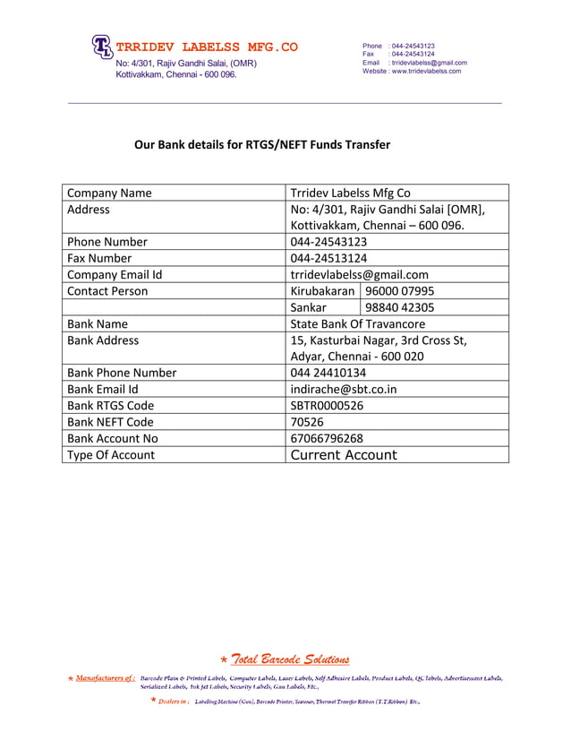 Bank details rtgs,neft codes trridev | PDF