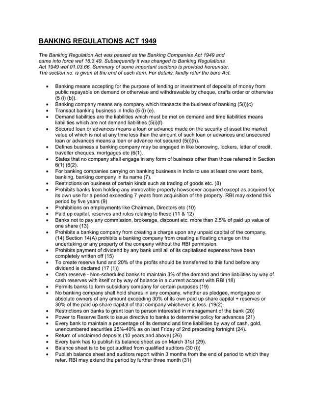 Banking regulations act 1949 | PDF