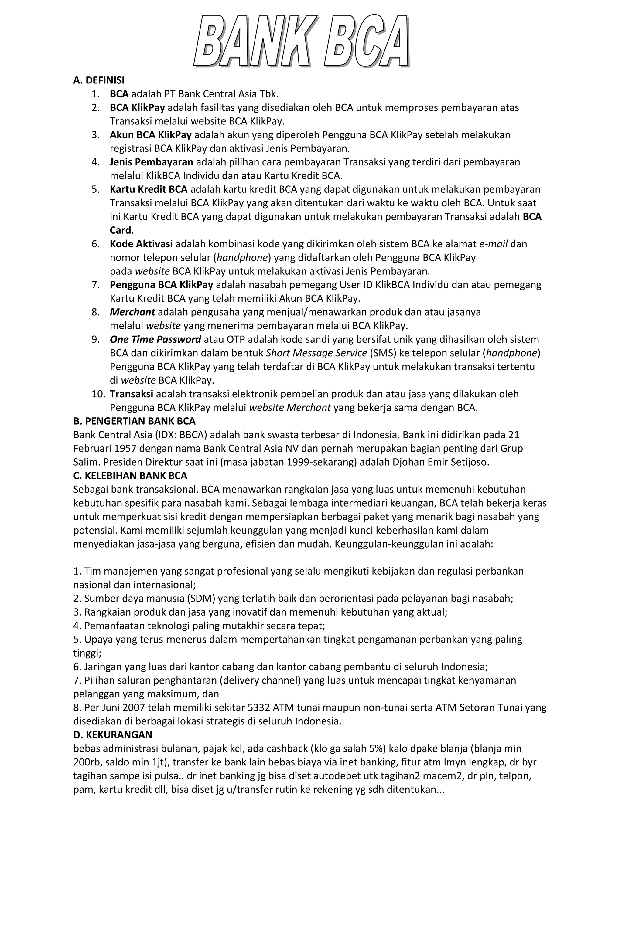 Defenisi BANK BCA | DOCX