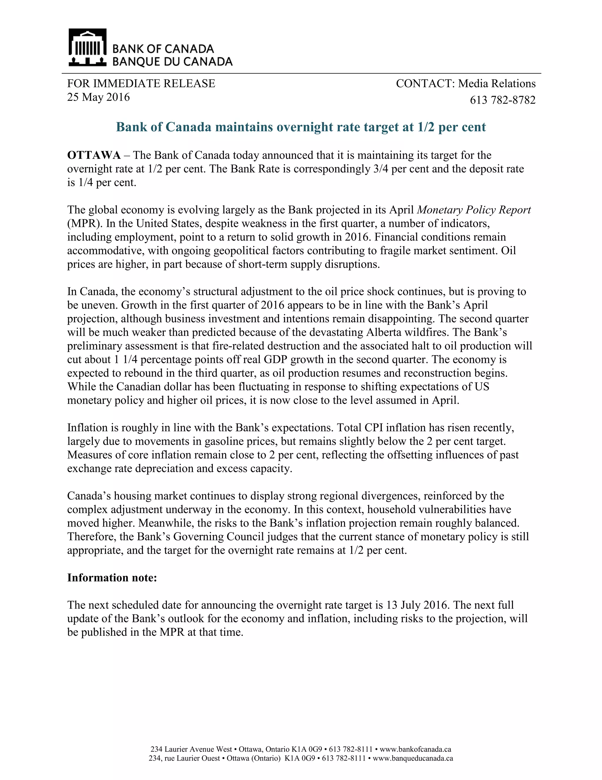 Bank of Canada maintains overnight rate target at 1/2 per cent | PDF