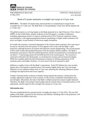 Bank of Canada maintains overnight rate target at 1/2 per cent | PDF
