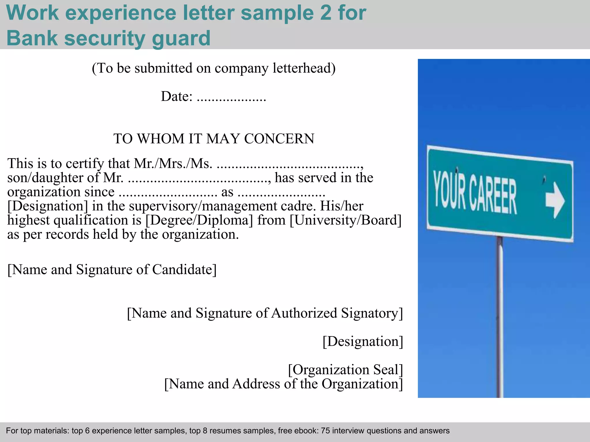 Bank security guard experience letter | PPT