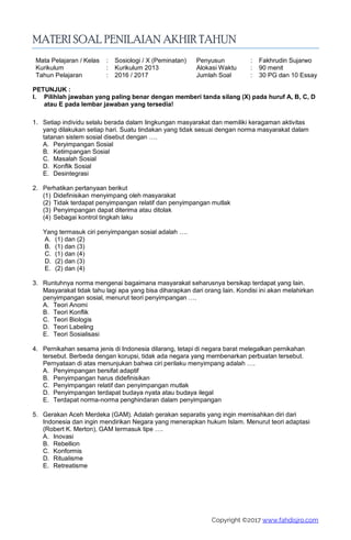 Soal PAT Sosiologi Kelas 10 Beserta Kunci Jawaban (K-2013) Tahun 2017 | PDF