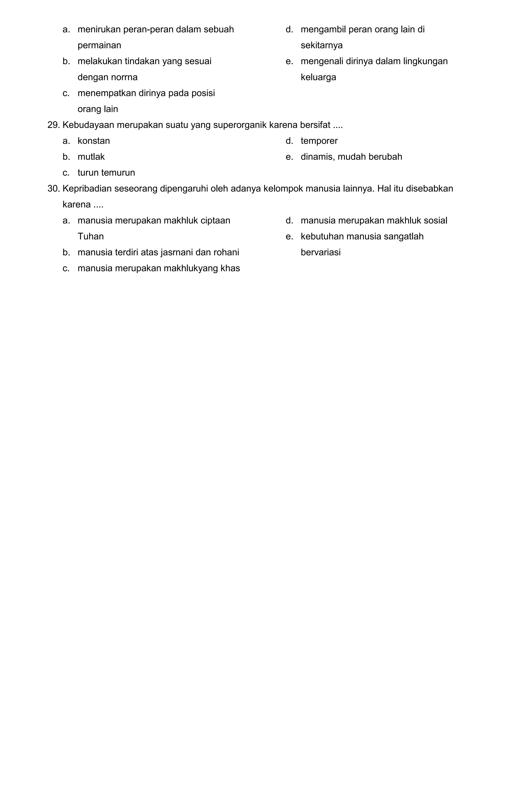 Bank soal sosiologi x; sosialisasi & kepribadian #1 | PDF
