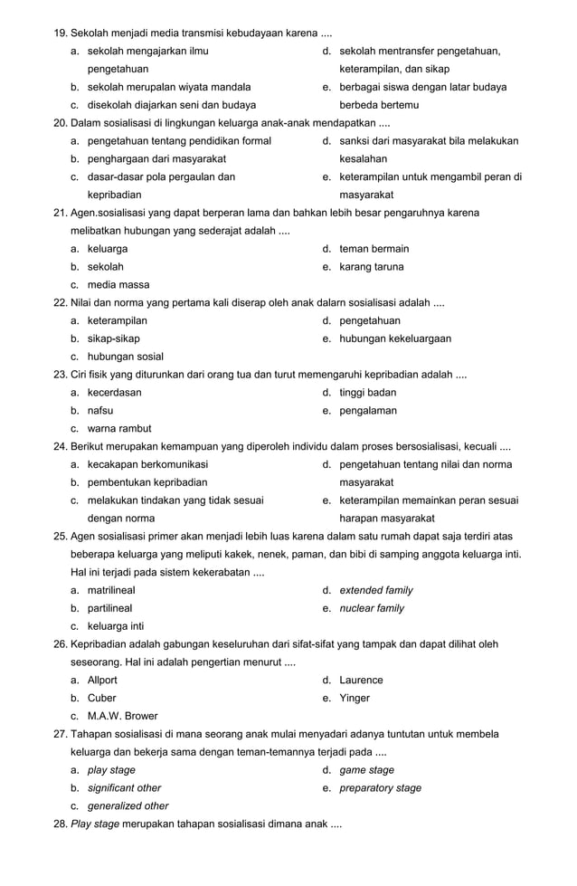Bank soal sosiologi x; sosialisasi & kepribadian #1 | PDF