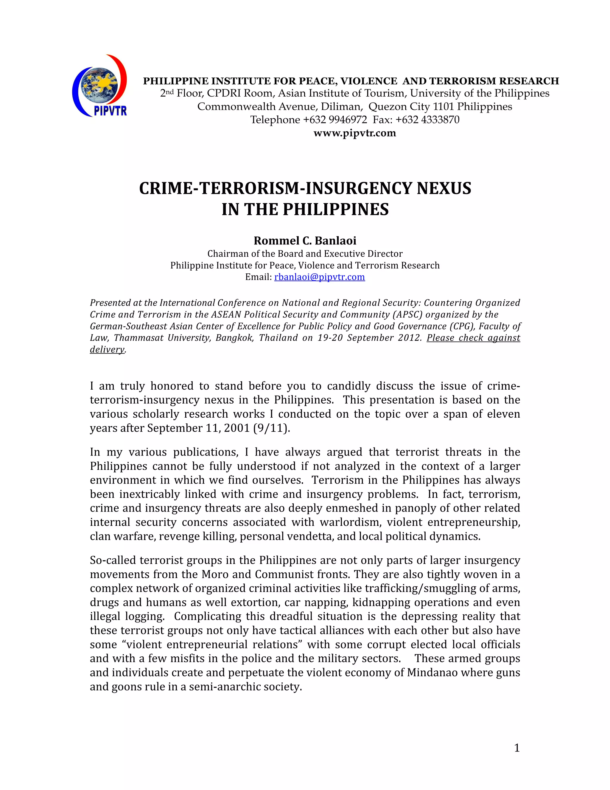 Crime-Terrorism-Insurgency Nexus in the Philippines | PDF