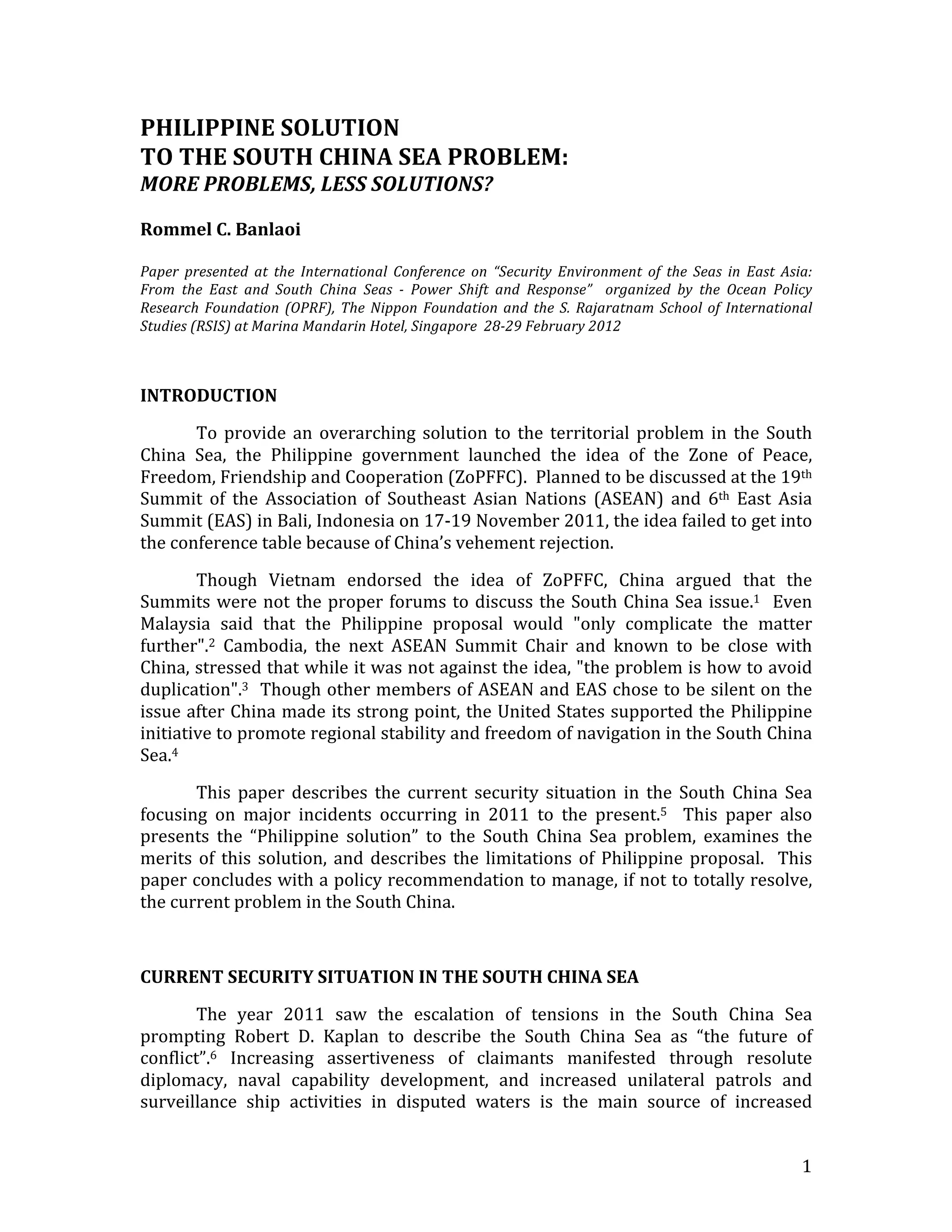 Philippine Solution to the South China Sea Problem: More Problems, Less ...
