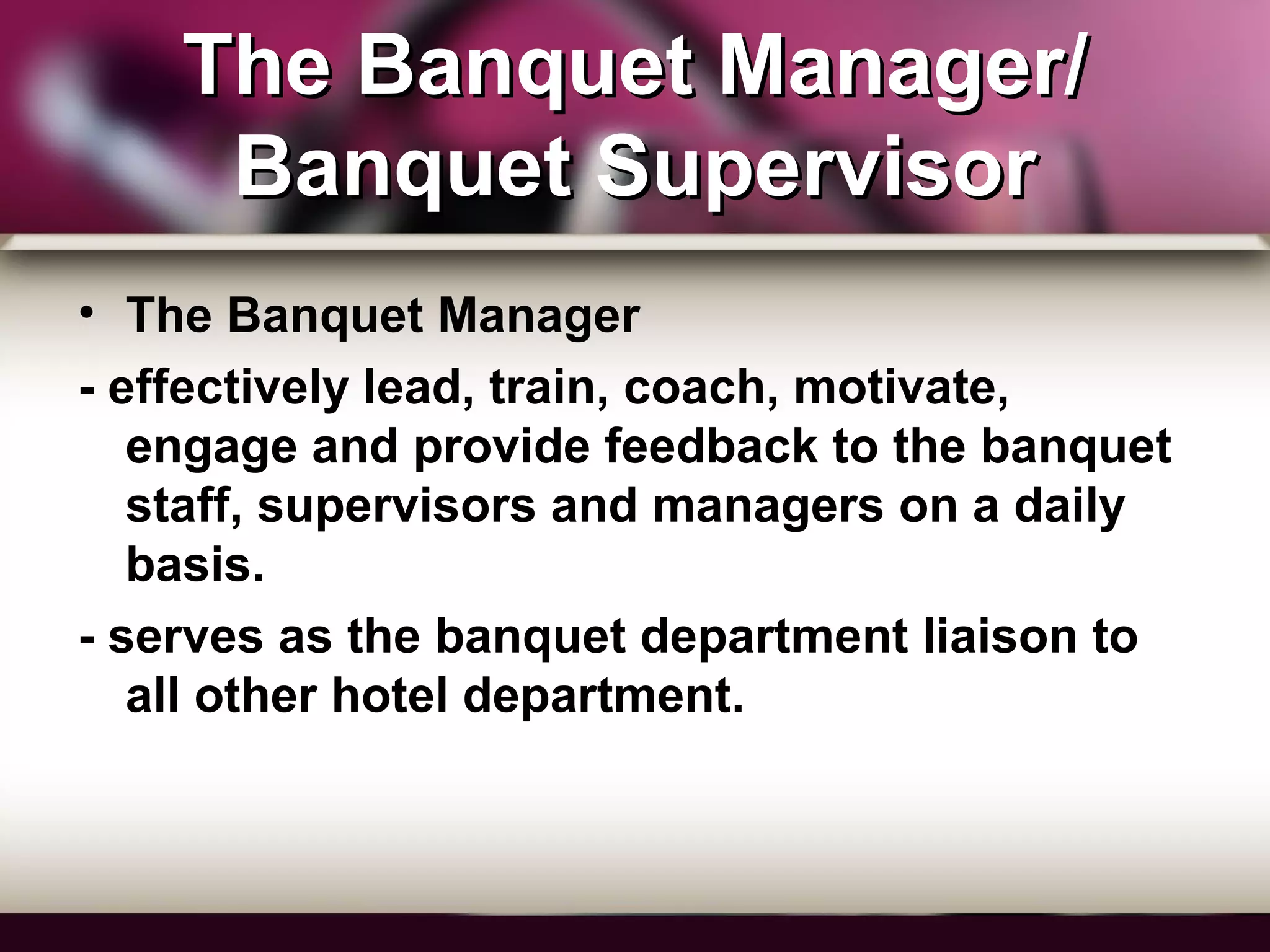 Banquet Personnel Manager, Supervisor and Captain | PPT