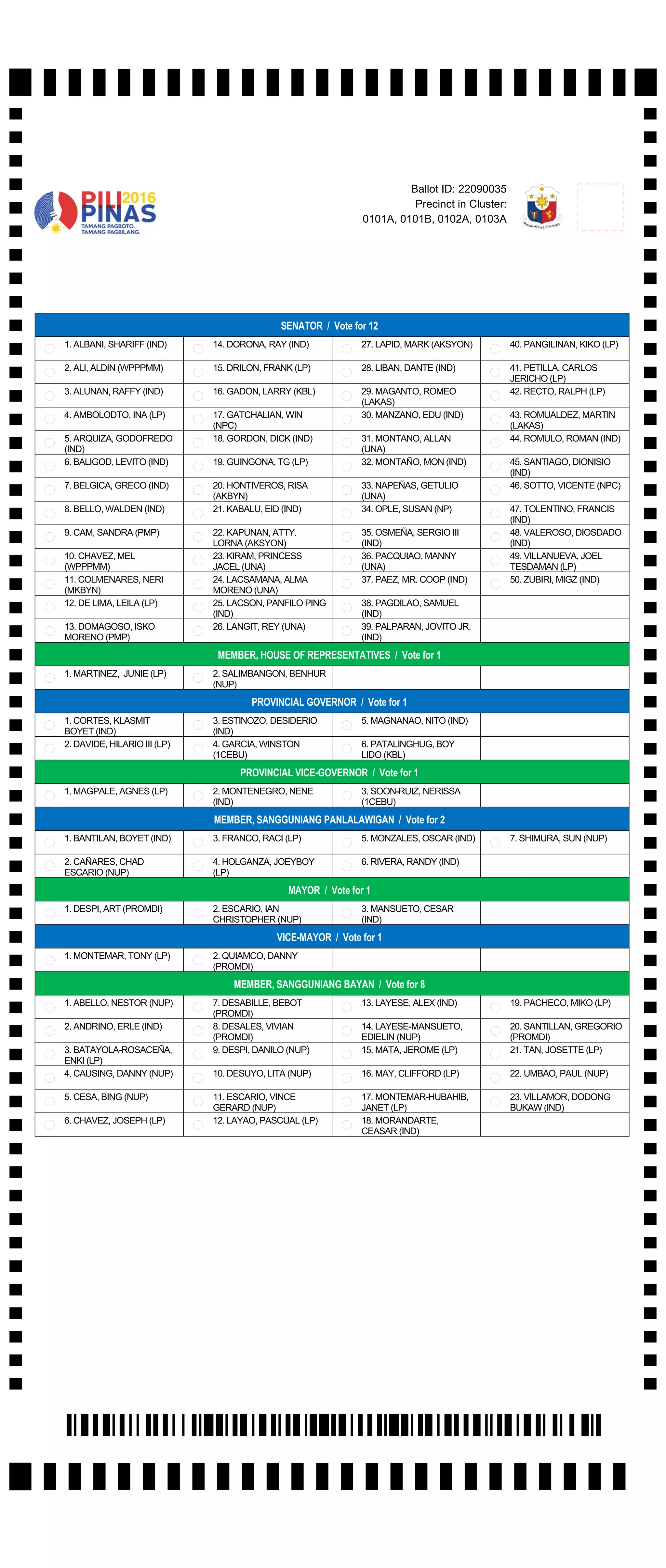 Bantayan, Cebu Partial Ballot Face Template 2016 | PDF