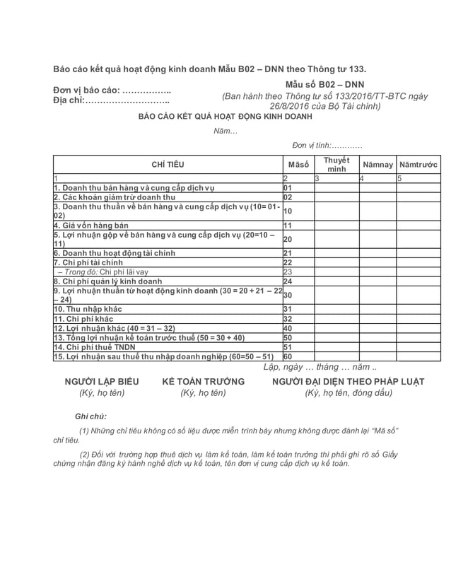 Báo cáo kết quả hoạt động kinh doanh Mẫu B02 – DNN theo Thông tư 133 | DOCX