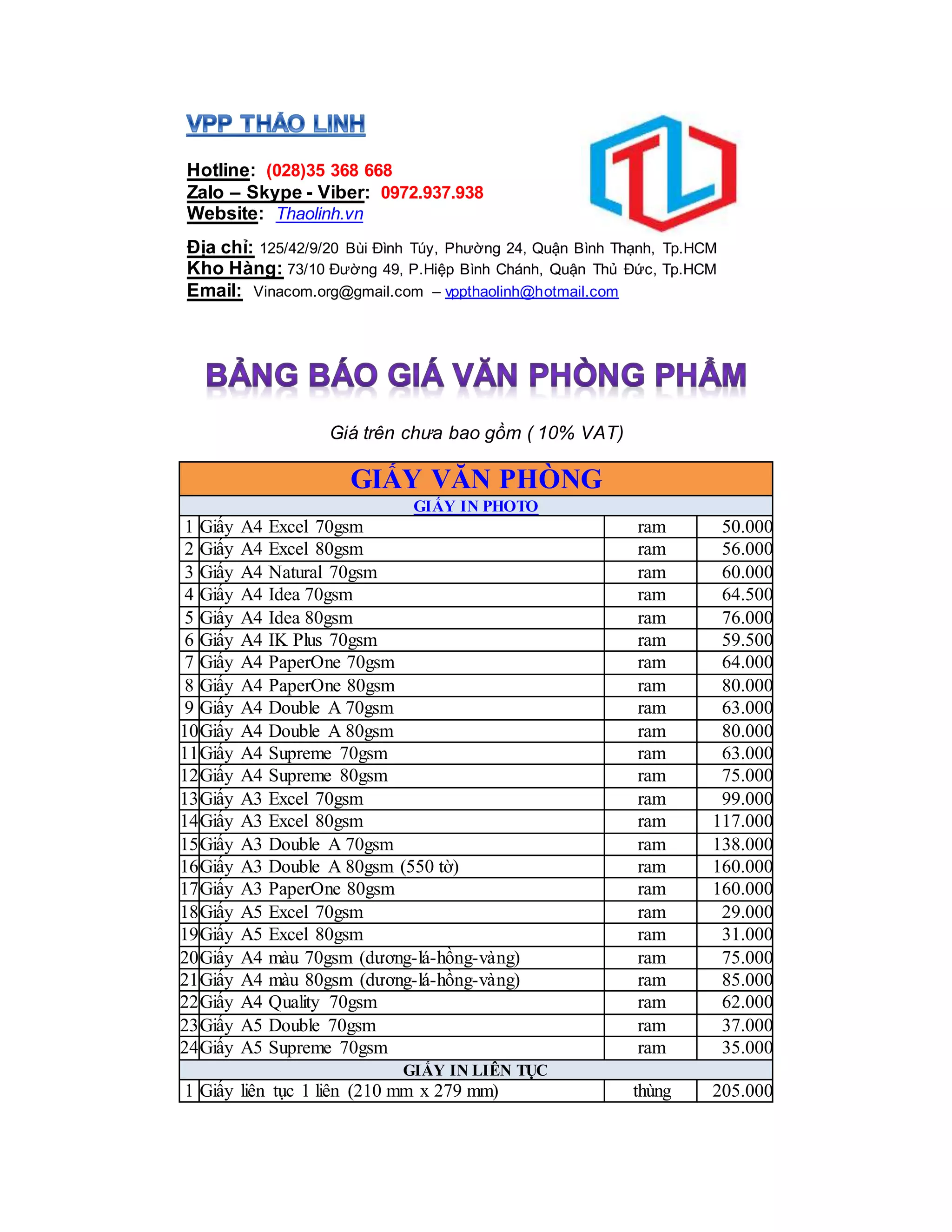 Báo Giá Văn Phòng Phẩm Thảo Linh | DOCX
