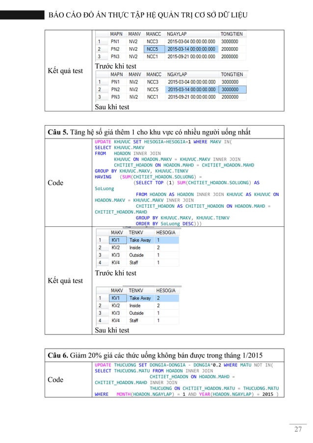 báo cáo hệ quản trị cơ sỡ dữ liệu hệ thống bán cà phê | PDF