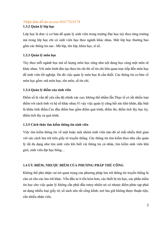 Báo cáo Quản lý Sinh viên Làm Đồ án Access 01677525178 | PDF