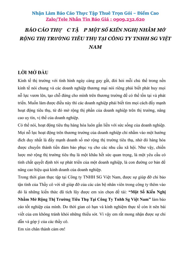Báo Cáo Thực Tập Một Số Kiến Nghị Nhằm Mở Rộng Thị Trường Tiêu Thụ Tại Công Ty. | DOCX