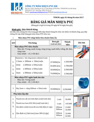 BẢNG GIÁ MÀN NHỰA PVC KK | PDF