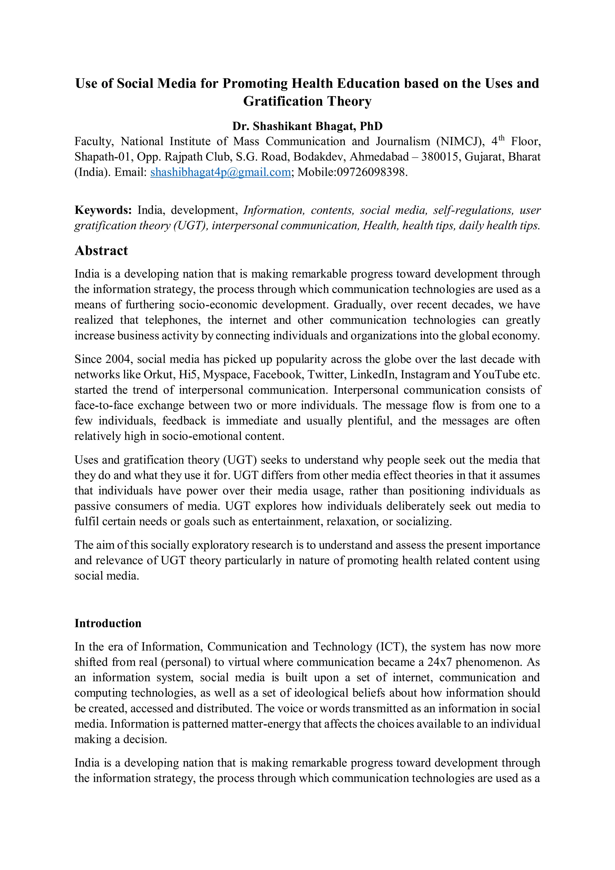 Use of Social Media for Promoting Health Education based on the Uses and Gratification Theory | PDF