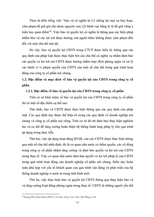 Bảo Vệ Quyền Lợi Của Cổ Đông Thiểu Số Trong Công Ty Cổ Phần Theo Pháp Luật Việt Nam | DOCX