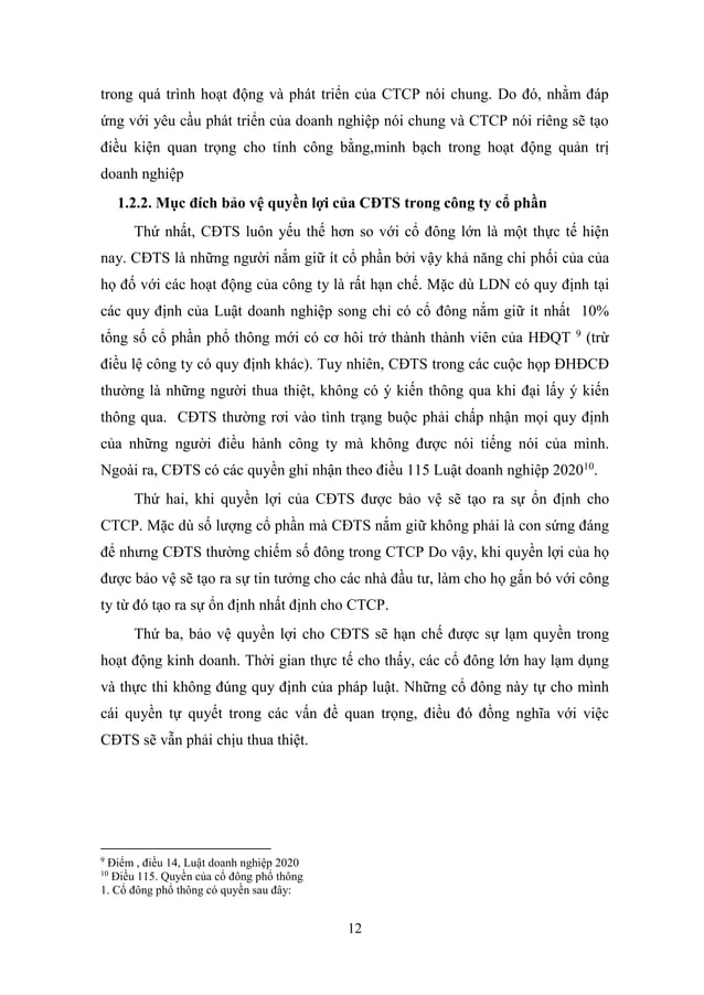 Bảo Vệ Quyền Lợi Của Cổ Đông Thiểu Số Trong Công Ty Cổ Phần Theo Pháp Luật Việt Nam | DOCX