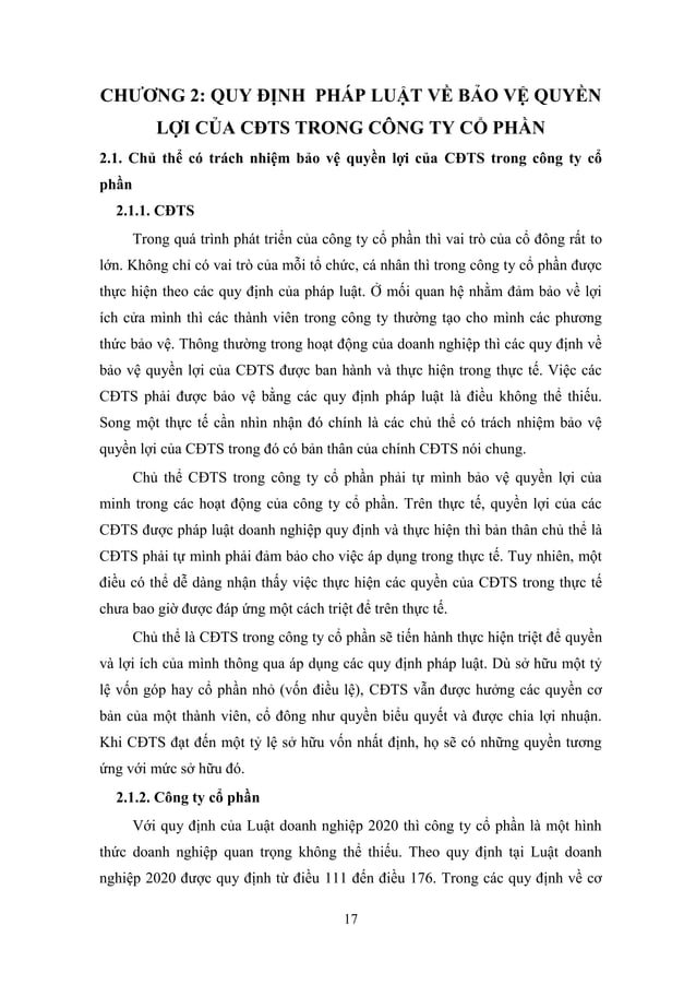 Bảo Vệ Quyền Lợi Của Cổ Đông Thiểu Số Trong Công Ty Cổ Phần Theo Pháp Luật Việt Nam | DOCX