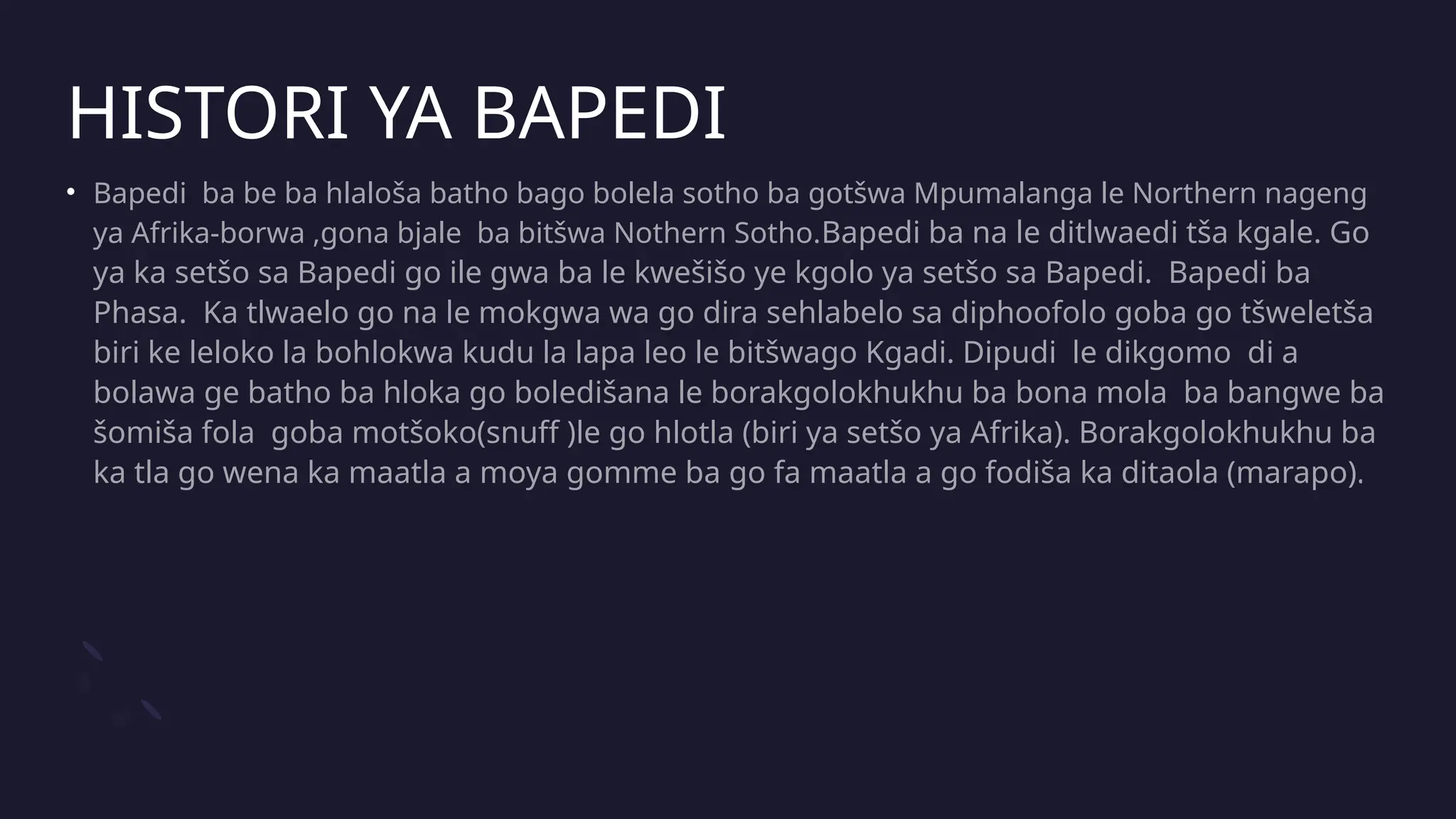 Tikologo ka ga Legokolodi la marega le ka ga Bapedi. | PPTX