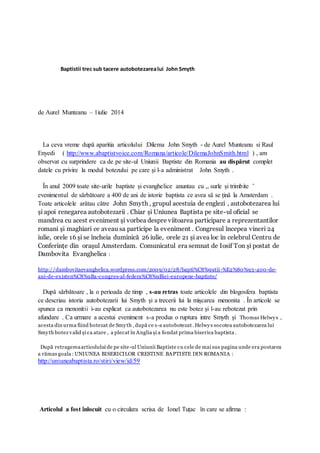Baptistii trec sub tacere autobotezarea lui John Smyth | PDF