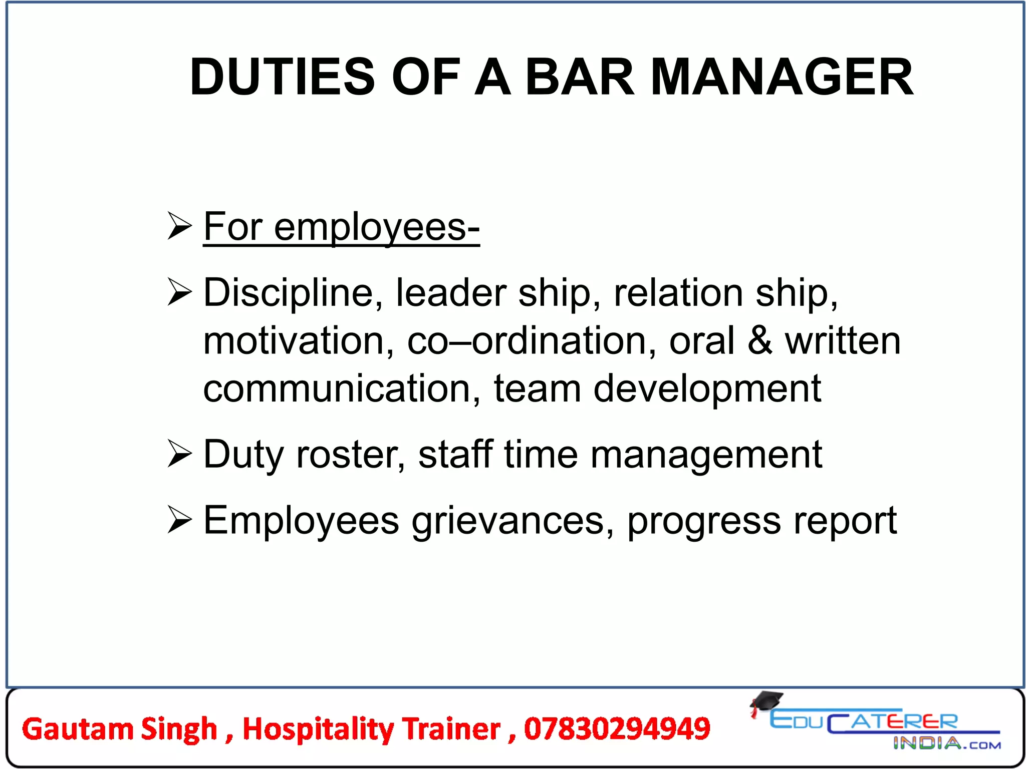 Bar staff job description specification | PPT