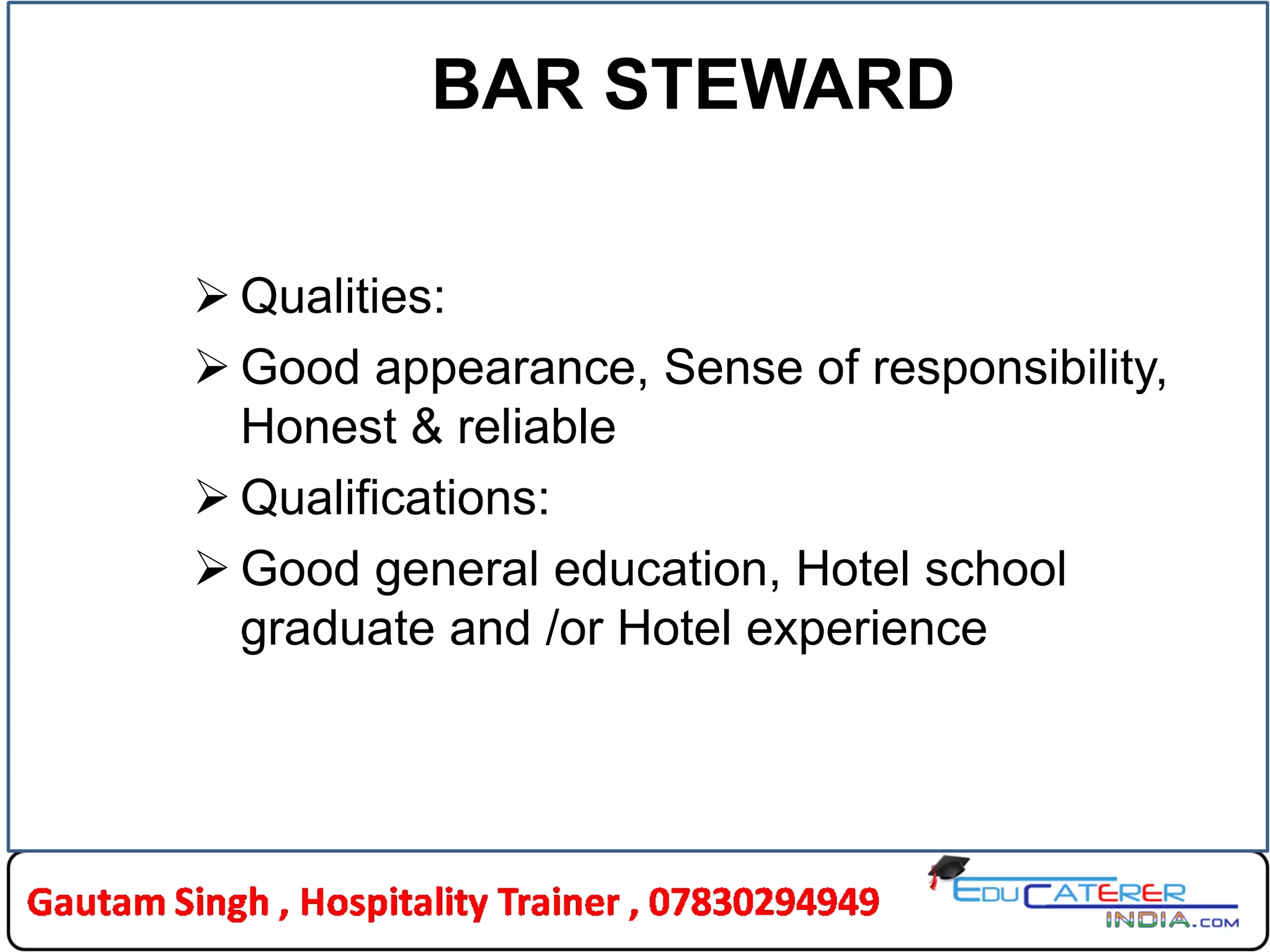 Bar staff job description specification | PPT